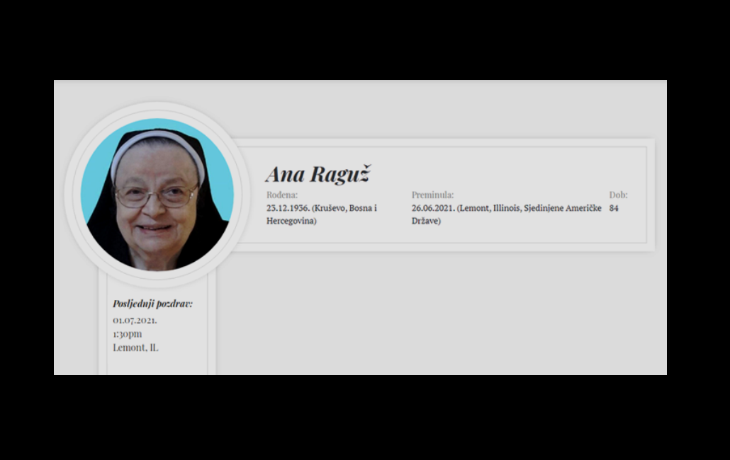 U Sjedinjenim Američkim Državama preminula časna sestra Ana Raguž