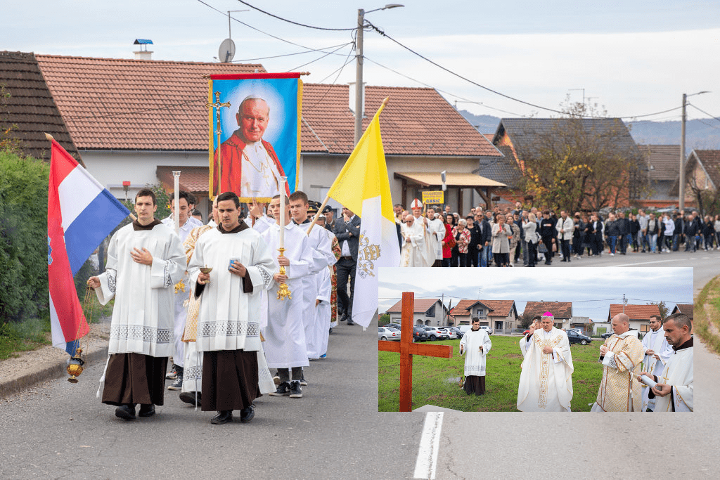 Sisački biskup Vlado Košić blagoslovio gradilište i kamen temeljac buduće crkve Sv. Ivana Pavla ...